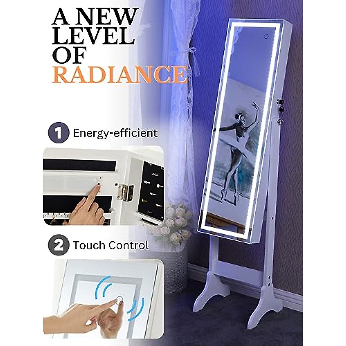 YOKUKINA LED Mirror Jewelry Cabinet Standing Armoire, Full Length Mirror with Jewelry Storage, Lockable Organizer, Wall Mount/Over the Door, White