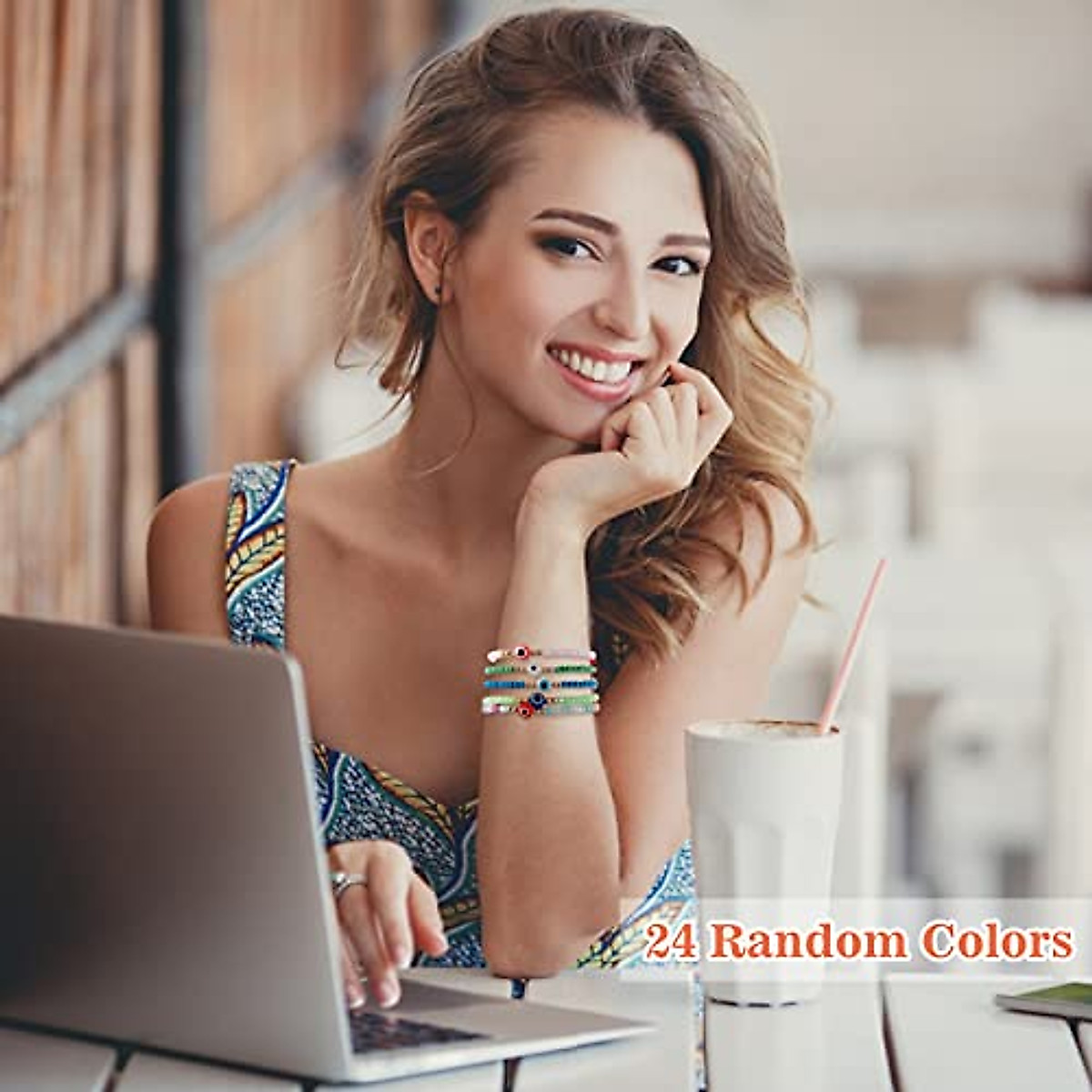 24 Pcs Beaded Evil Luck Eye Bracelets- Elastic Handmade Protection Bracelet Durable Mexican Bracelets Delicate Mal De Ojo Bracelets Evil Luck Eye Jewelry for Women Men Lucky Gift (Random Color)