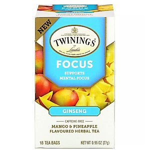 Twinings Focus Tea - Mango & Pineapple Flavoured Hibiscus Tea with Revitalizing Ginseng Root, Naturally Caffeine-Free Herbal Tea Bags Individually Wrapped, 18 Count