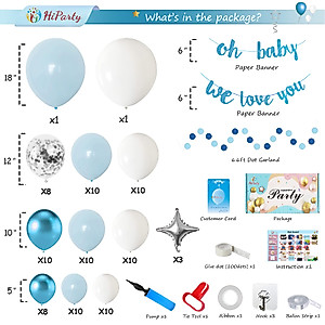 Upgraded,105PCS Gender Reveal Baby Shower Decorations for Boy,Blue and White Birthday Balloons Garland Arch Kit, Oh Baby Birthday Banner, Giltter Dots Birthday Garland+Pump+Complete Accessories