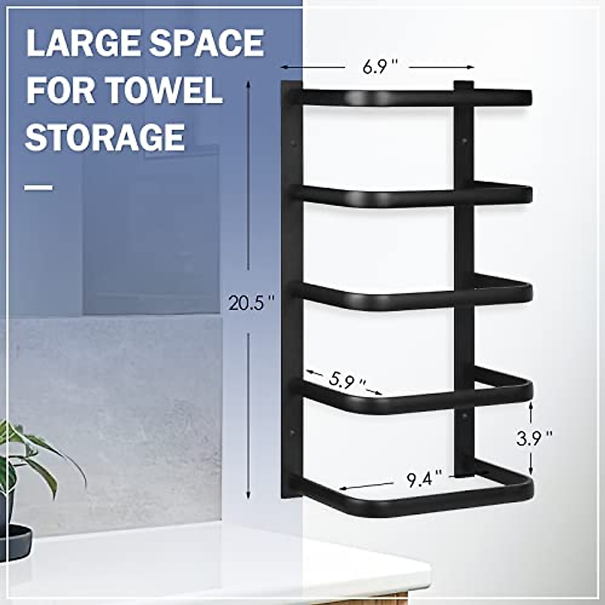 Towel Racks for Bathroom Wall Mounted, Bath Towel Holder, Bathroom Wall Towel Storage, Black Stainless Steel Wall Towel Racks for Rolled Bath Towels, Hand Towels, Washcloths in Bathroom/RV/Camper