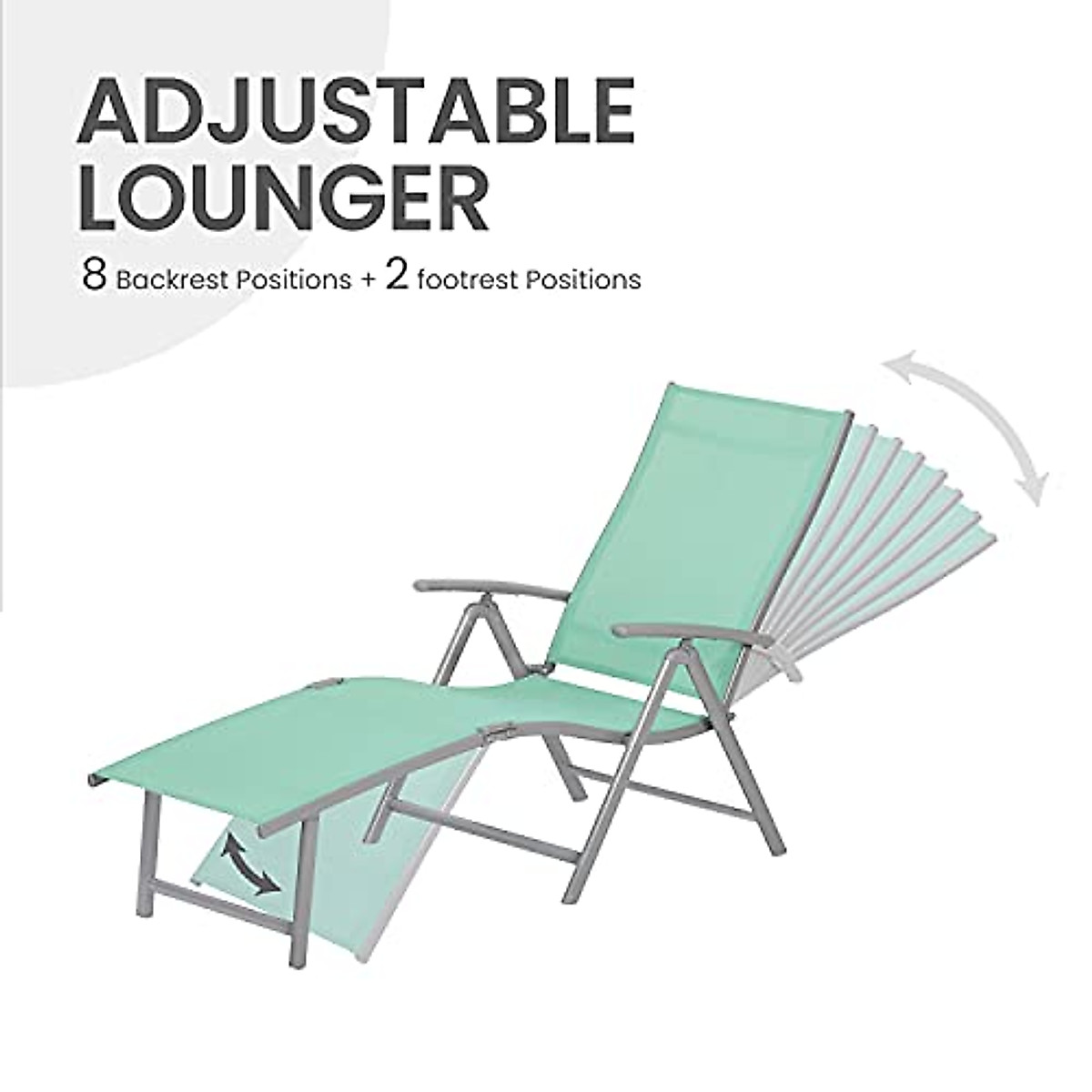 VredHom 3PCS Patio Chaise Lounge & Side Table Set, Outdoor Lounge Chair with End Table Recliner with 8-Positions Adjustable Backrest & Foldable Footrest,Green Textliene & Grey Aluminum Frame