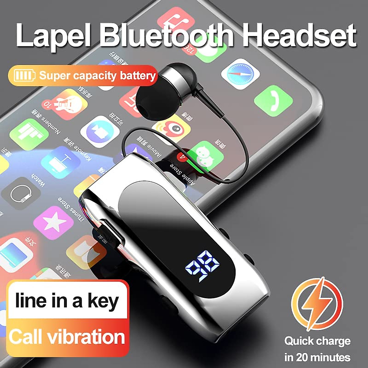 Bluetooth Headset,30Hrs HD Talktime Bluetooth Earpiece,Digital Display Battery lavalier Wireless Earphones,Hands Free Noise Reduction Retractable,Wireless Earbuds(Silver, 90 Days Free Replacement).