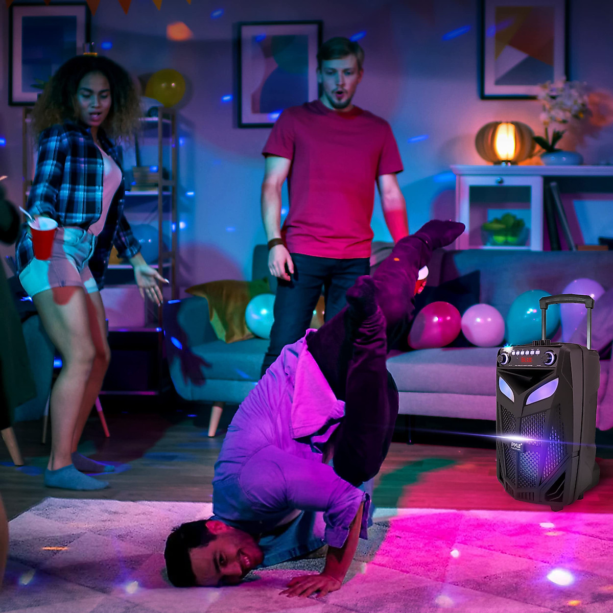 Pyle Portable Bluetooth PA Speaker System-600W 10” Indoor/Outdoor BT Speaker-Includes 2 Wireless Microphones, Party Lights, USB SD Card Reader, FM Radio, Rolling Wheels-Remote Control PPHP101WMB