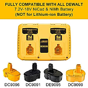 YEX-BUR 7.2V-18V Dual Battery Charger DC9320 Replacement for Dewalt 18V 14.4V 12V 9.6V 7.2V NiCd NiMh XRP Battery DC9098 DC9099 DW9099 DC9096 DW9094 DW9072 DW9062 DW9057 Fast Charger