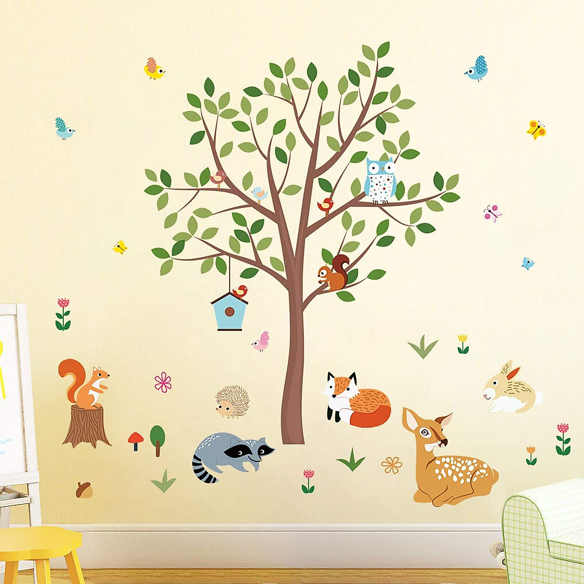 decalmile Forest Animals Tree Wall Decals Deer Squirrel Owl Wall Stickers Baby Nursery Kids Bedroom Playroom Wall Decor(Tree H: 31"))