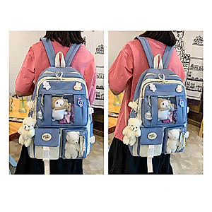 AONUOWE 5 pcs Cute Aesthetic Backpack Set for School Teens, 3 Plushies & 5 Pins & Cards Kawaii Backpack with Accessories (Blue)