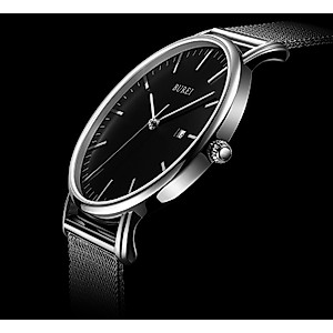 BUREI Men Black Dial Silver Mesh Band Watches Minimalist Analog Quartz Watches for Men Gifts for Men