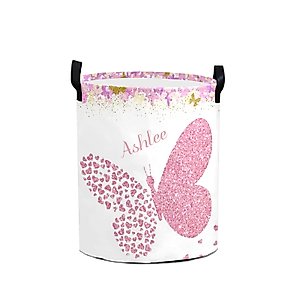 Personalized Laundry Basket, Pink Confetti Butterfly Custom Storage Bins Laundry Hamper with Name Collapsible Toys Organizer