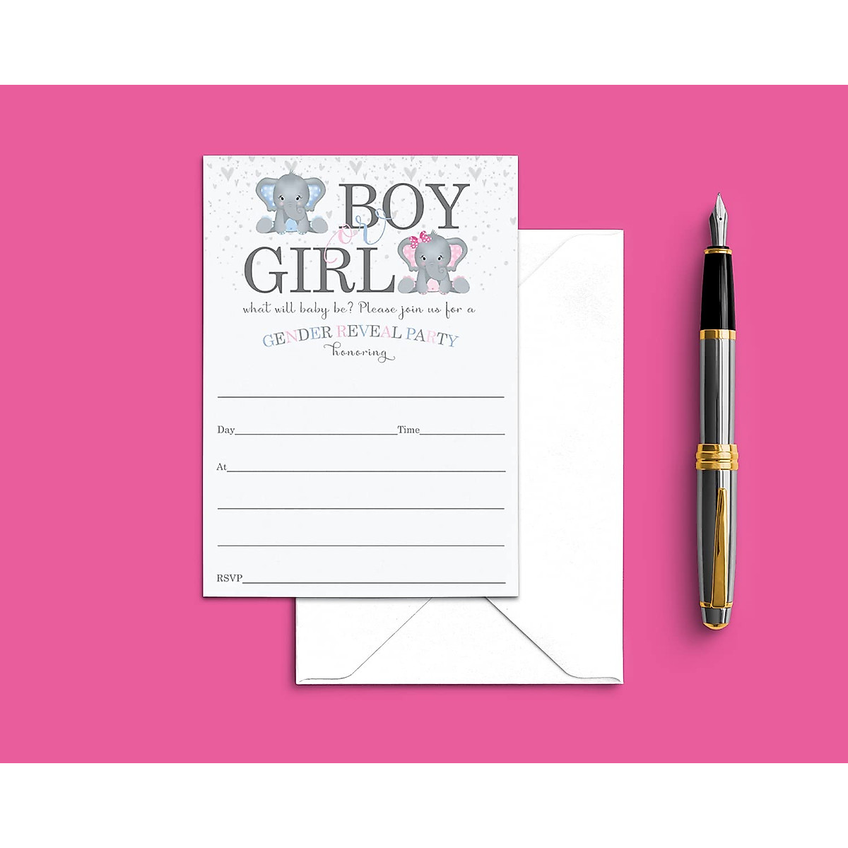 Elephant Gender Reveal Invitations with Envelopes (25 Pack) Invites for Baby Shower Party – Pink and Blue Theme Boy or Girl – Fill-In Details on Blank Card Set 5x7