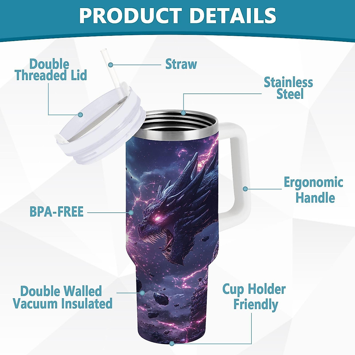 Slewiaeky Tumbler with Handle 40 oz Dragon Wild Myth Travel Mug with Lid and Straw Powerful Stainless Steel Vacuum Insulated Water Bottle Cup for Iced Tea Coffee Cold Beverages Cup Holder Friendly