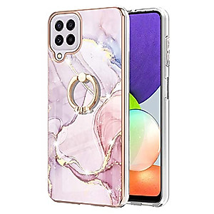 Dinglijia for Samsung Galaxy A22 4G Case, Soft TPU + IMD Marble Pattern Shiny Ring Kickstand Case for Girls and Women, Camera and Screen Protection Case for Samsung Galaxy A22 4G BKZH Rose Gold