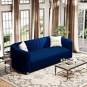 yunqishi KEAI 83.46" Velvet Couch for Living Room Large Modern Sofa with Gold Metal Sphere Legs Office Upholstered Comfy 3 Seater Couches Cute Sherpa Bedroom Furniture (Blue)