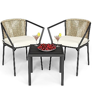 YITAHOME Wicker 3-Piece Outdoor Bistro Set, All-Weather Patio Conversation Set with Stackable Chairs & Table, Outdoor Sectional Furniture Set for Balcony, Backyard, Pool, Porch, Deck - Beige