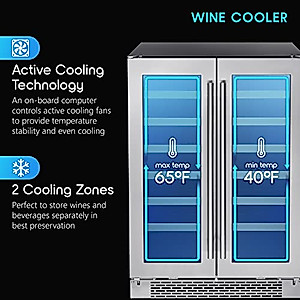 Zephyr Presrv 24" Wine Fridge Dual Zone Under Counter - Countertop Mini Wine Cooler Cellars Small Cabinet Wine Refrigerator Home Bar Chiller Freestanding with Two French Glass Door, 21 Bottles 750ml