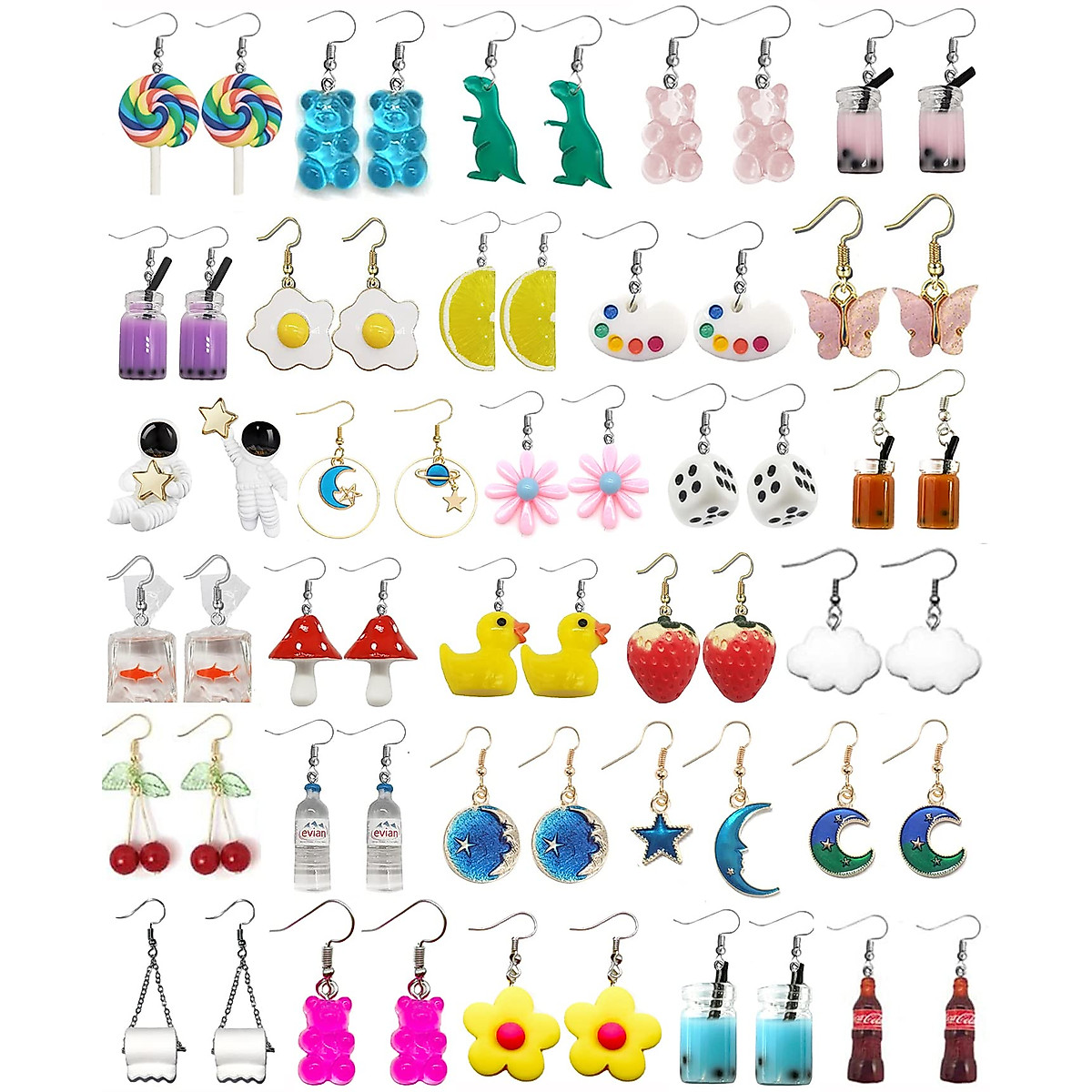 CASDAN 30 Pairs Weird Earrings Funny Earrings Gummy Bear Duck Water Bottle Fish Dinosaur Mushroom Butterfly Strawberry Dangle Earrings Set for Women