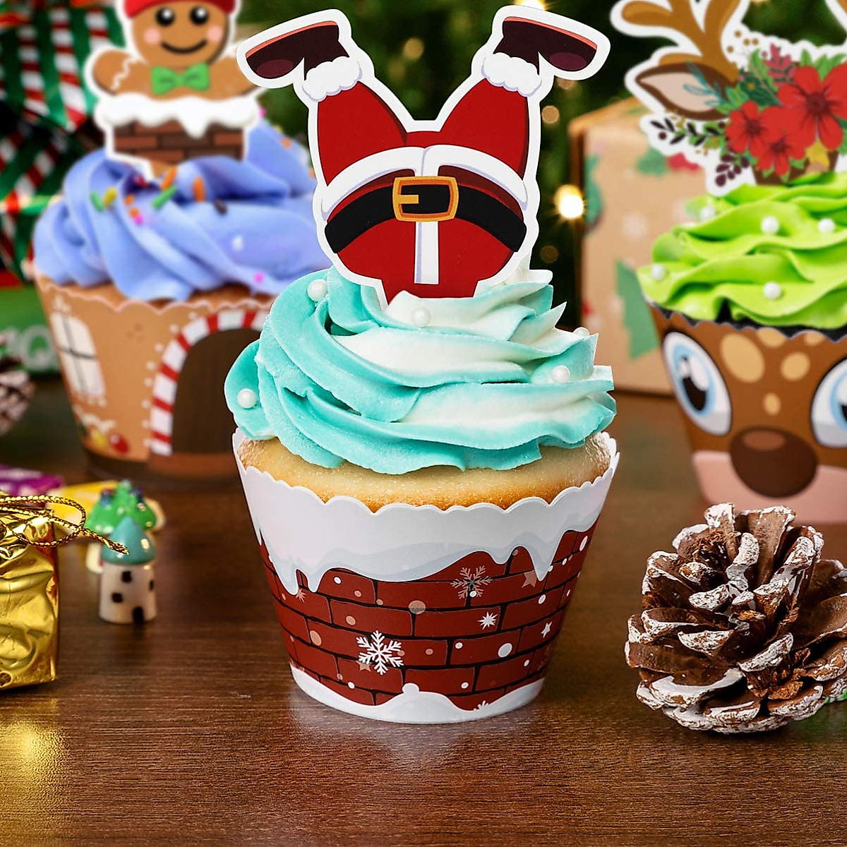 Hemoton 72Pcs Christmas Cupcake Toppers and Wrappers Cute Cupcake Dessert Decoration Unique Party Favors for Christmas Party