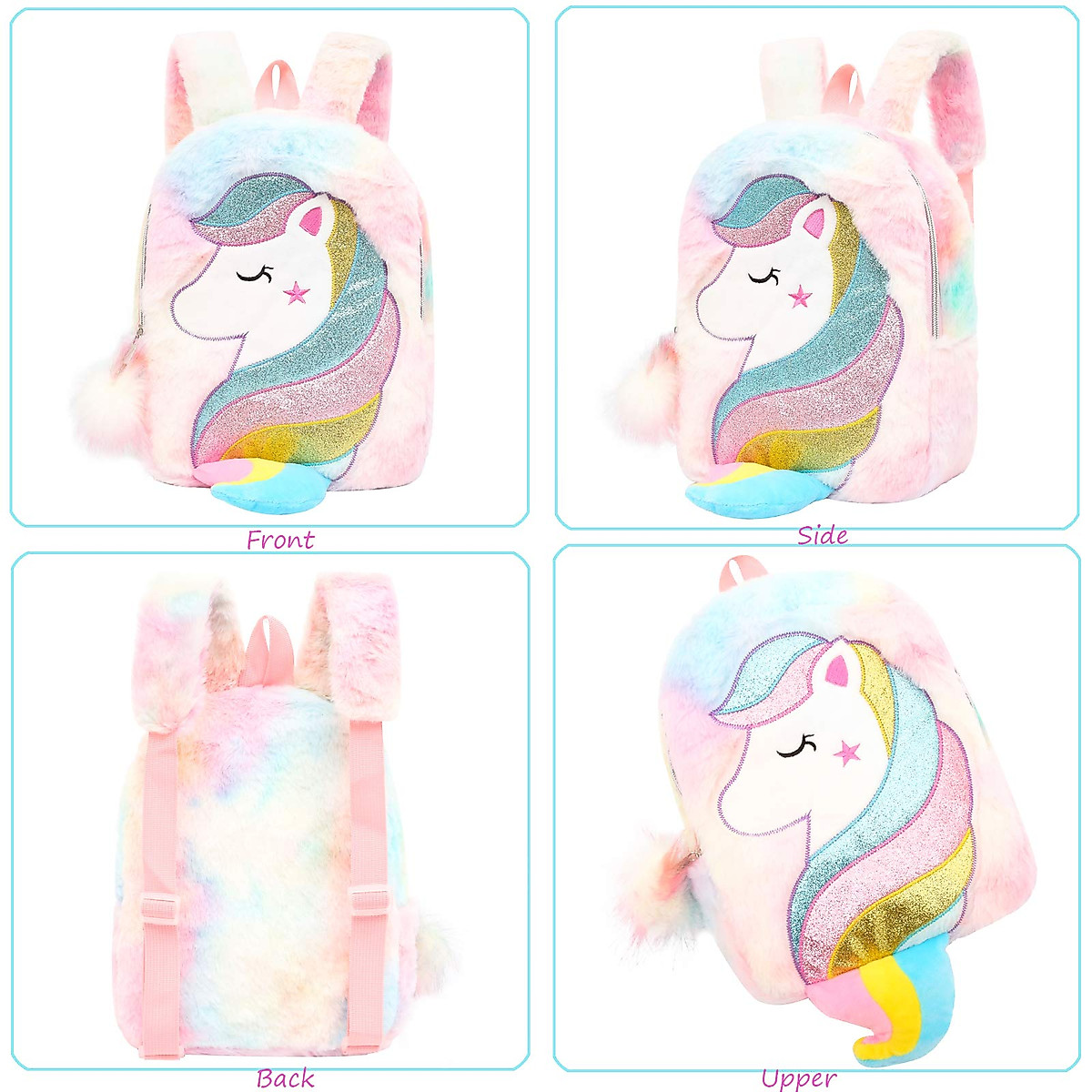 HICCUPfish CBOALOGR Cute Plush Unicorn Toddler Mini Travel Bag Princess Plush Backpack for Girls 1-6 years old (Tail-colored)…