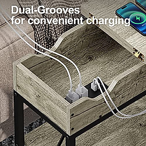 SJIE End Table with Charging Station, Narrow Flip Top Side Table with USB Ports and Outlets,Nightstand for Living Room,Bedroom and Small Spaces,Grey