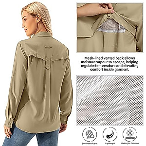 Womens UPF 50+ UV Sun Protection Safari Shirts Long Sleeve Outdoor Cool Quick Dry Fishing Hiking Gardening Shirts (5072 Khaki L)