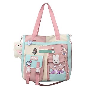 Aesthetic Messenger Bag with Kawaii Pins and Pendant for Women Cute Crossbody Bag Shoulder Tote Bag Casual Handbag(Pink &Green, One Size)