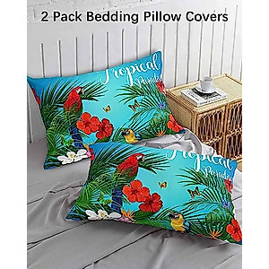 Tropical Plants Pillow Covers King Standard Set of 2 Bed Pillow, Colorful Summer Flowers Botanical Parrot Blue Plush Soft Comfort for Hair/ Skin Cooling Pillowcases with Envelop Closure 20''x36''