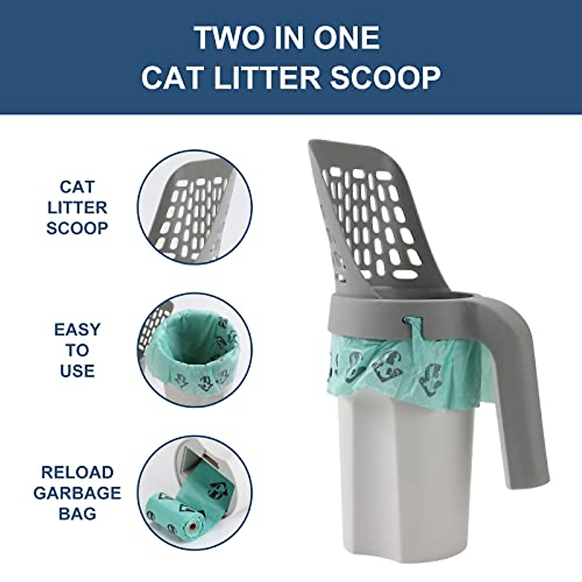 Cat Litter Sifter Scooper Integrated Detachable Deep Shovel Holder, Cat Litter Shovel with 8 rolls Waste Bags with Poop Sifting