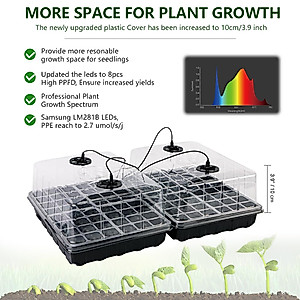 CANNABMALL 2 Packs Seed Starter Tray with Grow Light Samsung LM281B Diodes, Dimmable Seedling Starter Trays, 96 Cells Germination Trays Kit with Humidity Dome for Indoor Gardening Plant Black