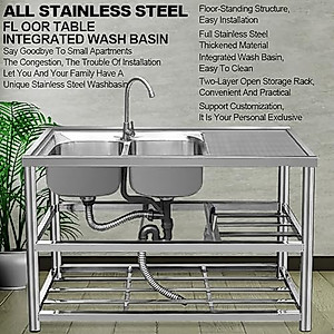 Laundry Utility Sink Freestanding Utility Sink Commercial Stainless Steel Double Bowl with Workbench and Storage Shelves with Faucet for Garage Restaurant Kitchen Laundry Room. ( Color : Cold alone Le