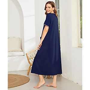 Ekouaer Women Robes Zipper Front Short Sleeve Full Length Housecoat with Pockets Loungewear Navy Blue,2XL