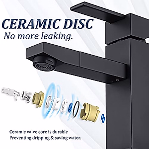 NAUKWAN Single Handle Bathroom Sink Faucet, Matte Black 360° Swivel Spout 1 Hole Soild Brass Modern Faucet with Pop-up Drain Water Supply Lines Deck Plate for Vanity Basin Lavatory ,5201-BK