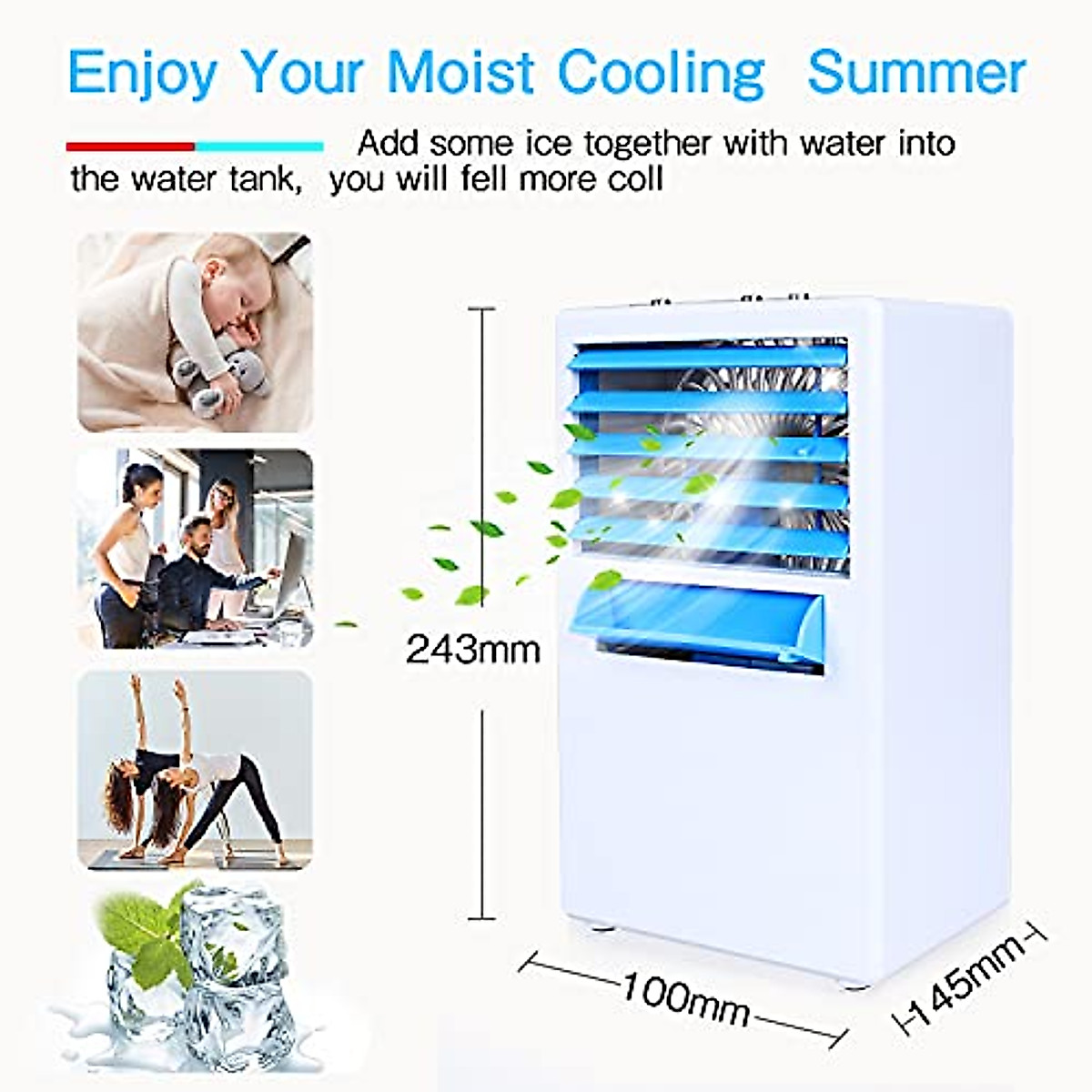 Portable Air Conditioner Fan, Mini Air Cooler Desk Fan with Icebox, 4-in-1 Evaporative Air Cooler with 3 Fan Speeds, Quiet Mini Air Conditioner for Home & Office, Portable Air Humidifier