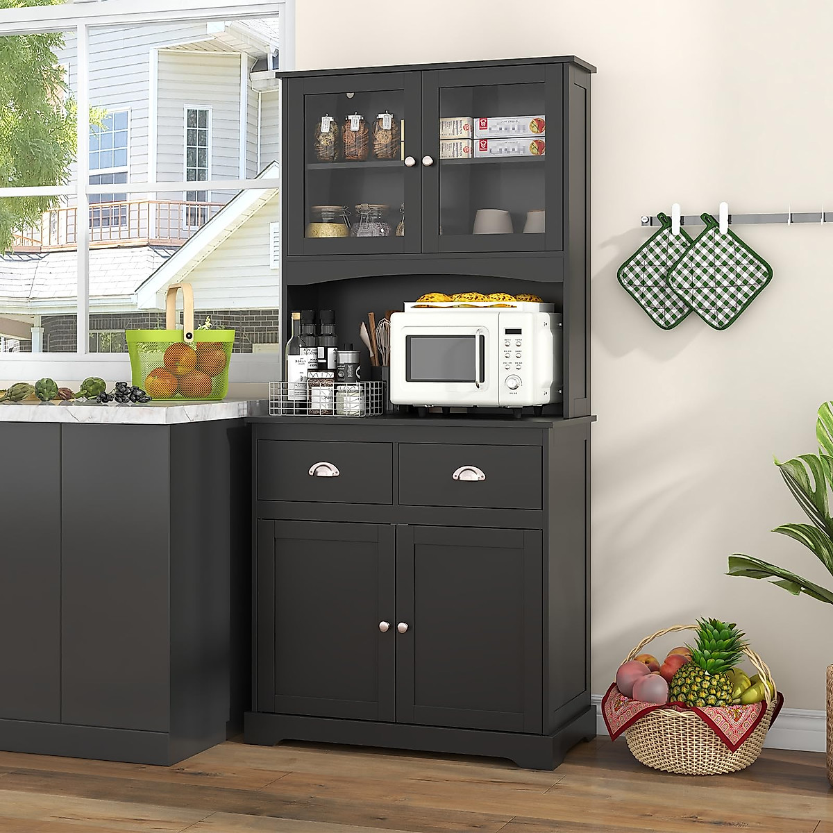 Giantex 67" Pantry Organizers, Freestanding Tall Buffet Cabinet with Hutch and 2 Drawers, Wooden Cupboard with Glass Doors, Storage Sideboard for Kitchen Bathroom Living Room (Black)