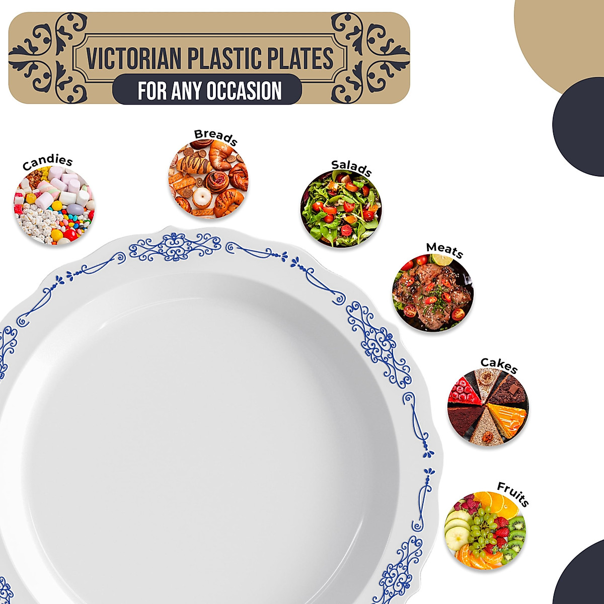 Exquisite Victorian Plastic Plates 60 Piece Plastic Disposable Plates for Party Set For 60 Guests 60 x 10 inch Plastic Dessert Plates Plastic Plates Disposable Heavy Duty White & Navy