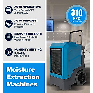 MOUNTO 310 Pints LGR Commercial Dehumidifier with Built-In Pump and Drain Hose – Portable, Heavy-Duty Dehumidifier with Wheels for Basements, Garages, Home, and Job Sites (Blue)