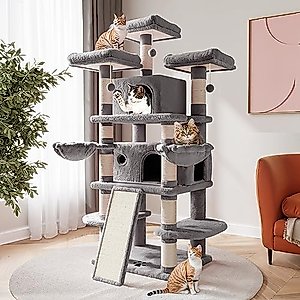 SHA CERLIN 68 Inches Multi-Level Large Cat Tree for Large Cats/Big Cat Tower with Cat Condo/Cozy Plush Cat Perches/Sisal Scratching Posts and Hammocks/Cat Activity Center Play House, Grey