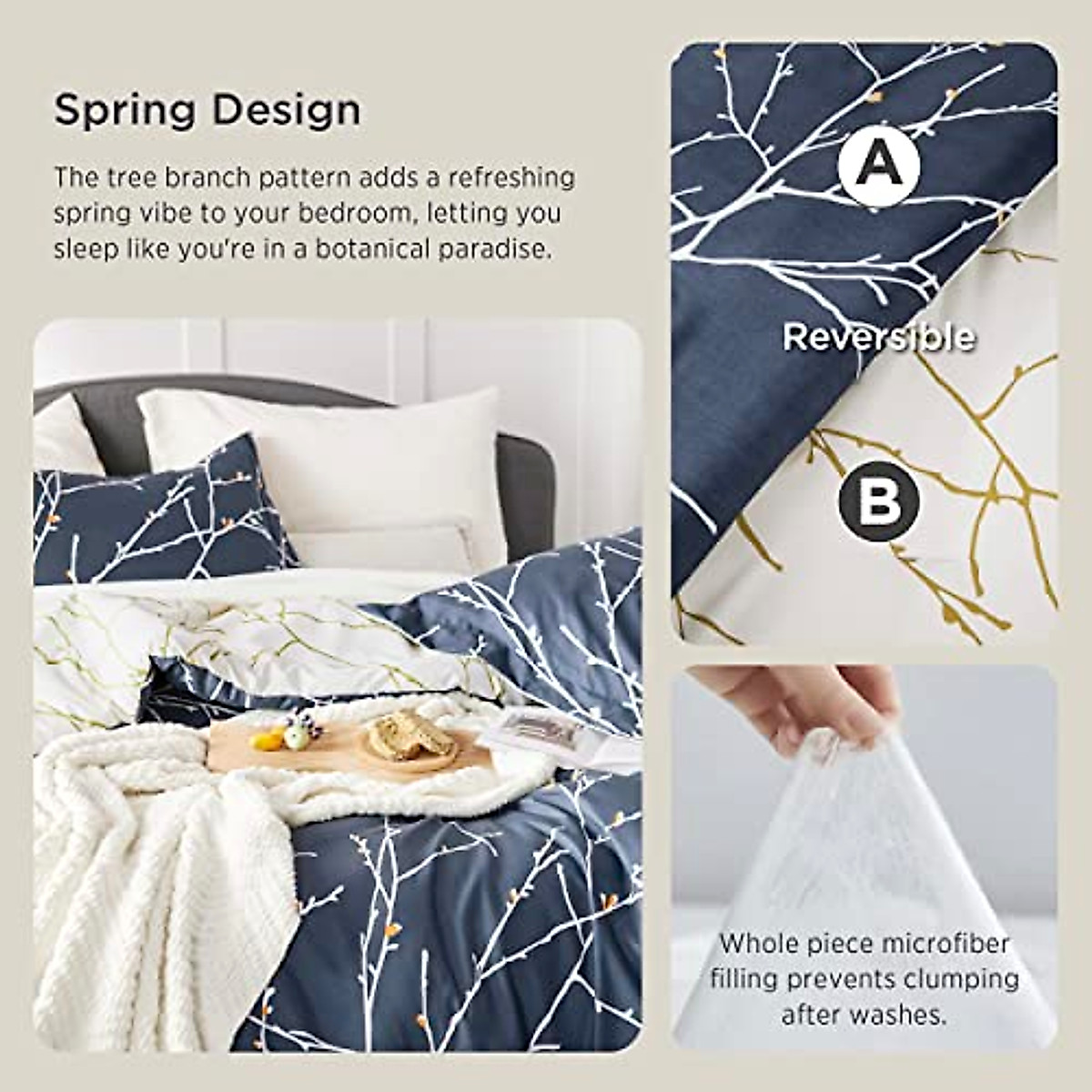 Bedsure Twin Comforter Set - Twin Bed Set 5 Pieces, Reversible Navy Blue Bed in a Bag Tree Branch Pattern Printed with Comforter Twin Size, Sheets, Pillowcase & Sham