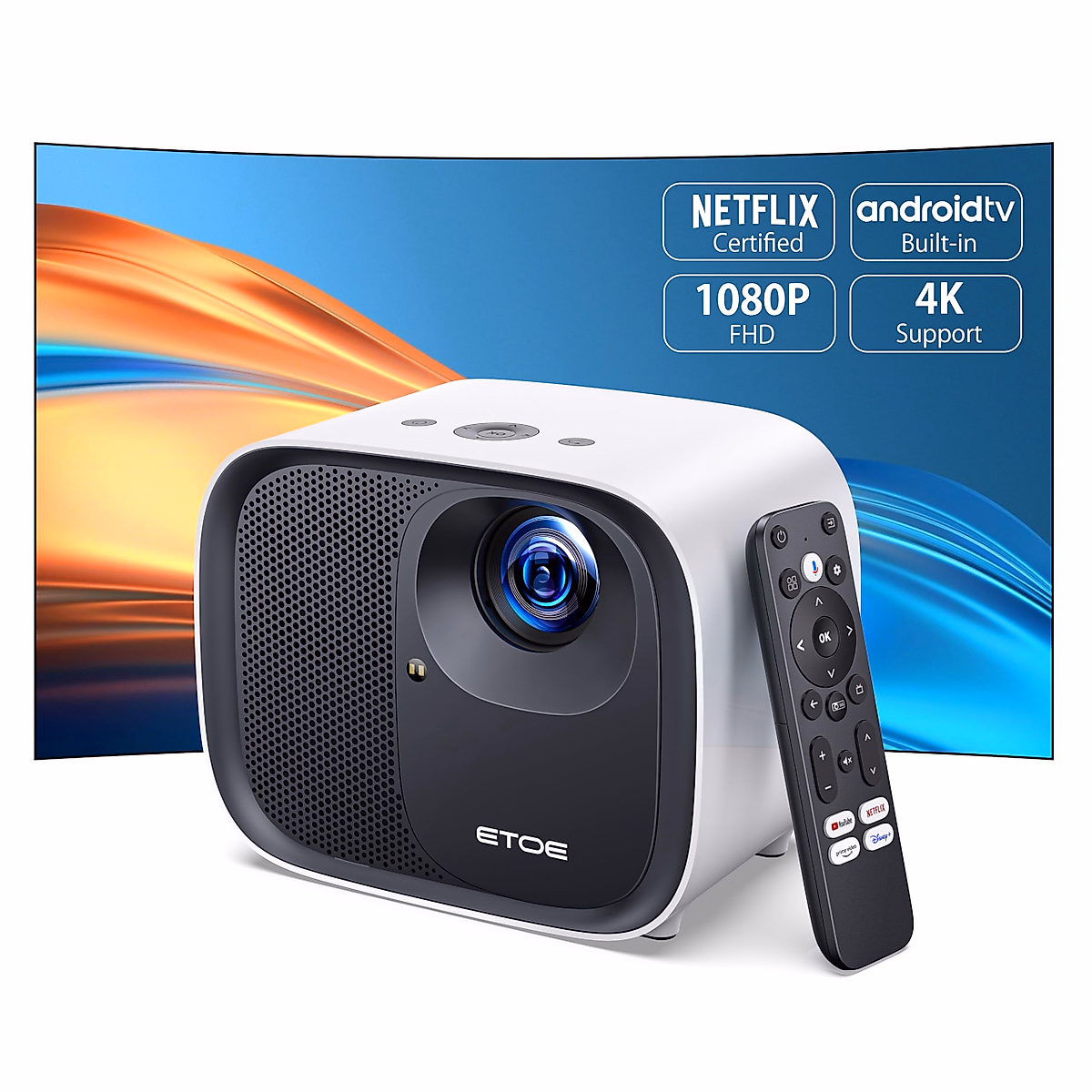 ETOE 4K Android TV 10.0 Projector, 1080P FHD Smart Projector with Auto Focus, Auto Keystone, 600 ANSI Lumens, Dual 10W Speakers, Netflix-Certified, 5.1G WiFi Bluetooth, Movie Projector with Bag-White