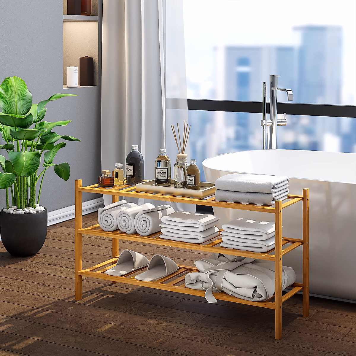 BMOSU 3-Tier Bamboo Extended Shoe Rack Premium Stackable Shoe Shelf Storage Organizer for Hallway Closet Living Room Entryway Organizer (Natural Bamboo)