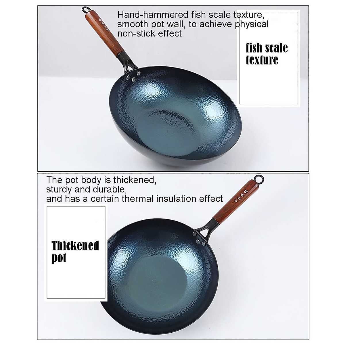 Chinese HandHammered Iron Woks and Stir Fry Pans, Flat Bottom wok，No Coating Non-stick, Suitable for all kinds of stoves (Diameter 30cm/11.81in)
