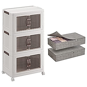 KLONVS Storage Bins with Lids, Stackable Storage Bins & Foldable Underbed Storage, Under Bed Storage Containers with Lids (Set of 2) for Clothing, Shoes