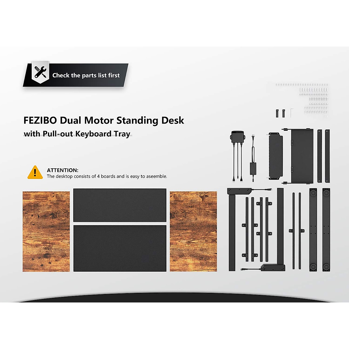 FEZIBO Dual Motor Height Adjustable Electric Standing Desk with Keyboard Tray, 48 x 24 Inch Sit Stand Table with Splice Board, Black Frame/Rustic Brown and Black Top
