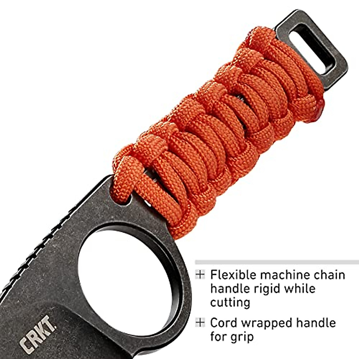 CRKT Tailbone EDC Knife: Everyday Carry Fixed Blade Drop Point Knife with Black Stonewash Finish, Orange Cord Wrapped Handle, Sheath 2415