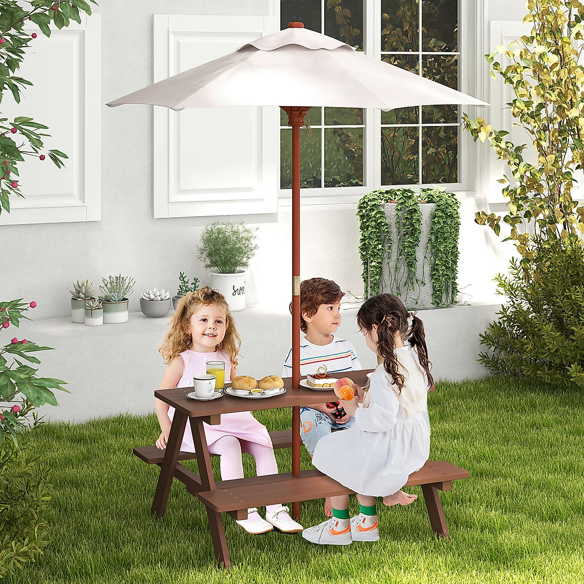 Olakids Kids Picnic Table, Outdoor Toddler Wooden Table and Chair Set with Removable Umbrella, Children Activity Furniture Bench Set for Patio Garden Backyard