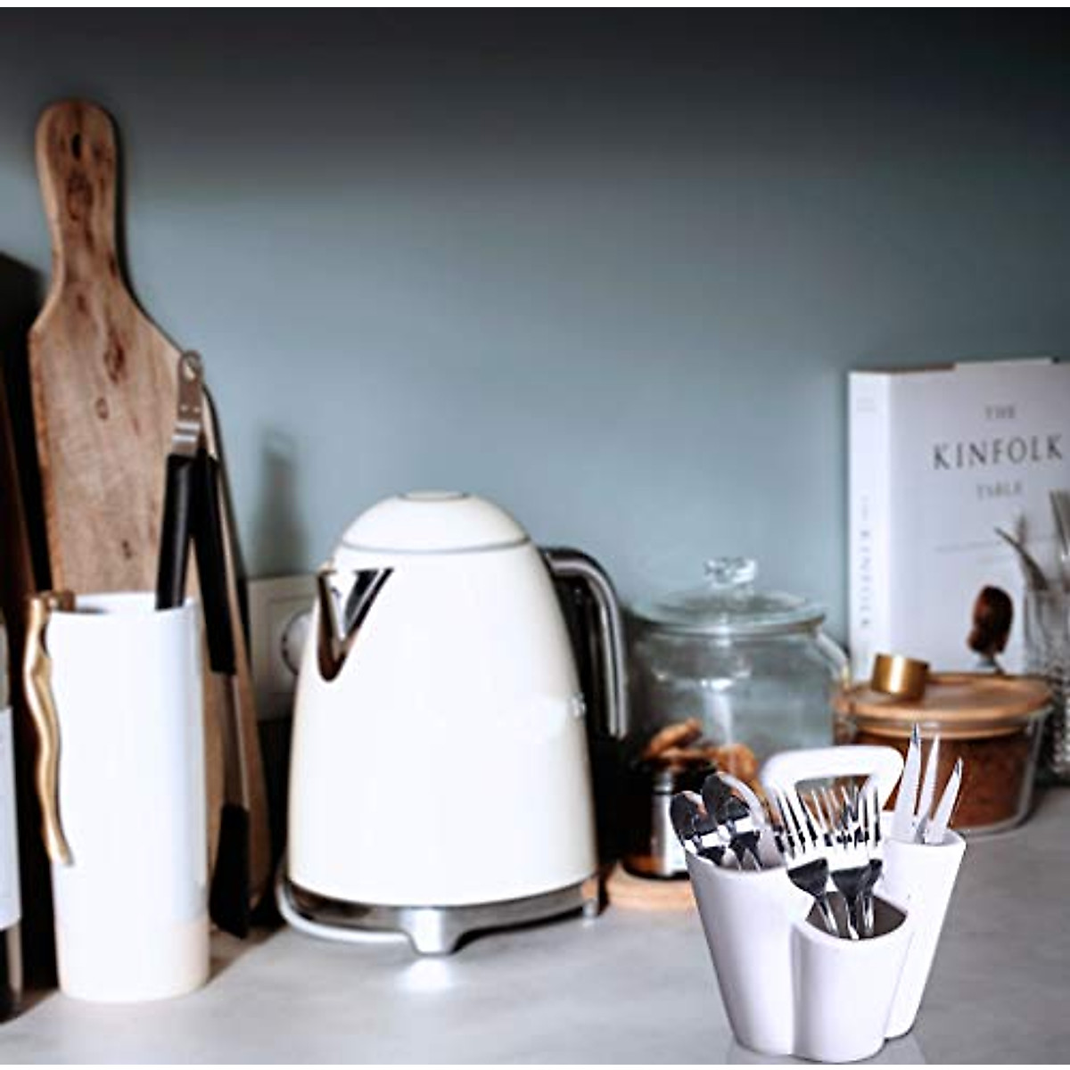 Farmhouse Decor 4 Section Ceramic Silverware Holder - Flatware and Cutlery Caddy - Kitchen Table Organizer (White)