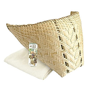 PANWA Thai Bamboo Satin Weave Sticky Rice Cooking Basket with 24’’ Round Reusable Cheesecloth and Wicker Lid and 2 Sticky Rice Paddle Wooden Spoons