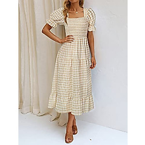 MEROKEETY Women's Plaid Square Neck Ruffle Puff Sleeve Midi Dress Summer Boho Backless Smocked Dress, Beige, Medium