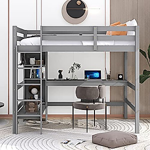 Harper & Bright Designs Full Size Loft Bed with Desk and Storage Shelves, Solid Wood Full Loft Bed Frame with Sturdy Slats for Kids Teens Adults, Easy to Assemble (Full, Gray), Grey