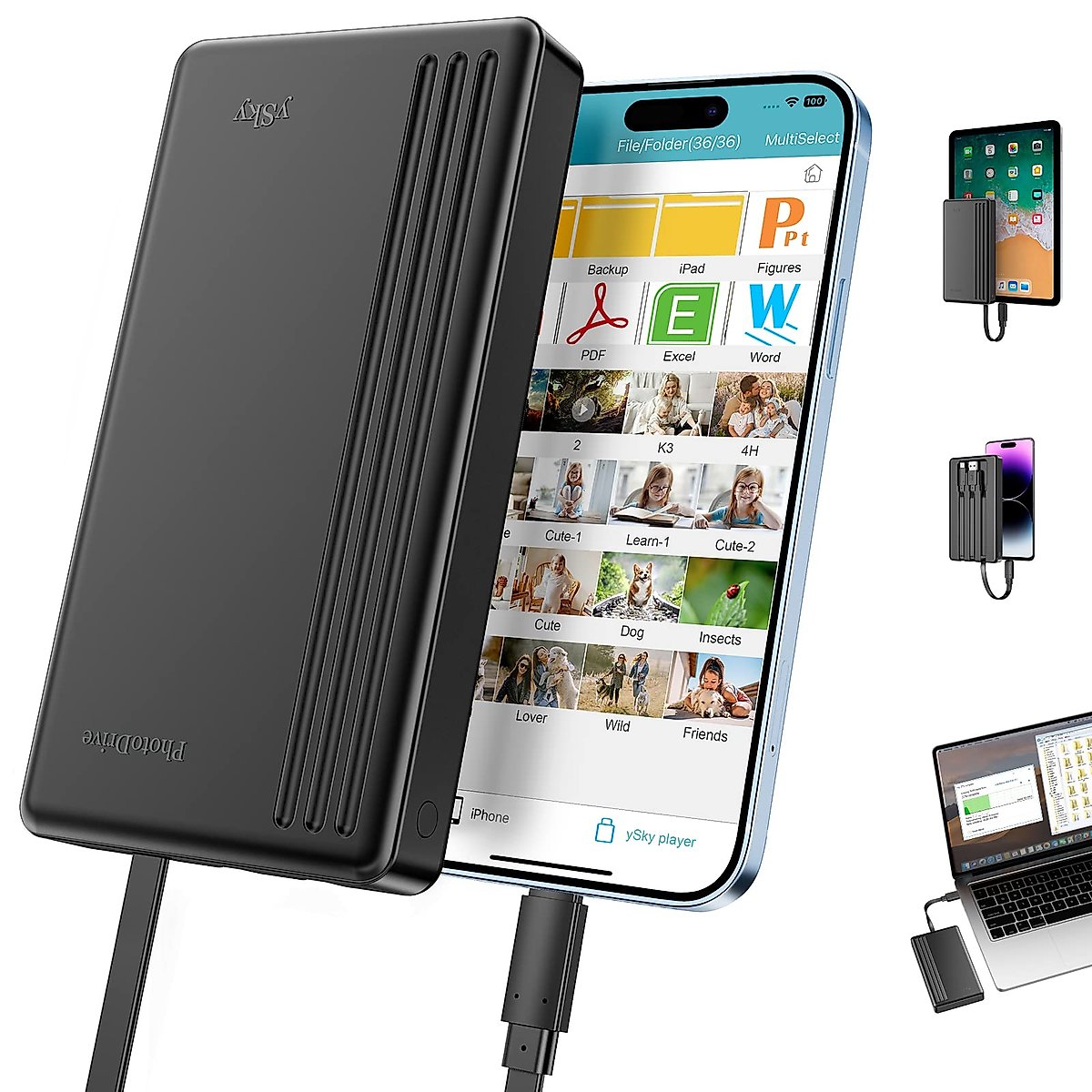 ySky 2TB External Hard Drive for iPhone & iPad,MacBook,Windows Computer,USB C Android Phones:Photo Stick USB Flash Drive to Backup Photo| Video | Music| File(MFi Certified)