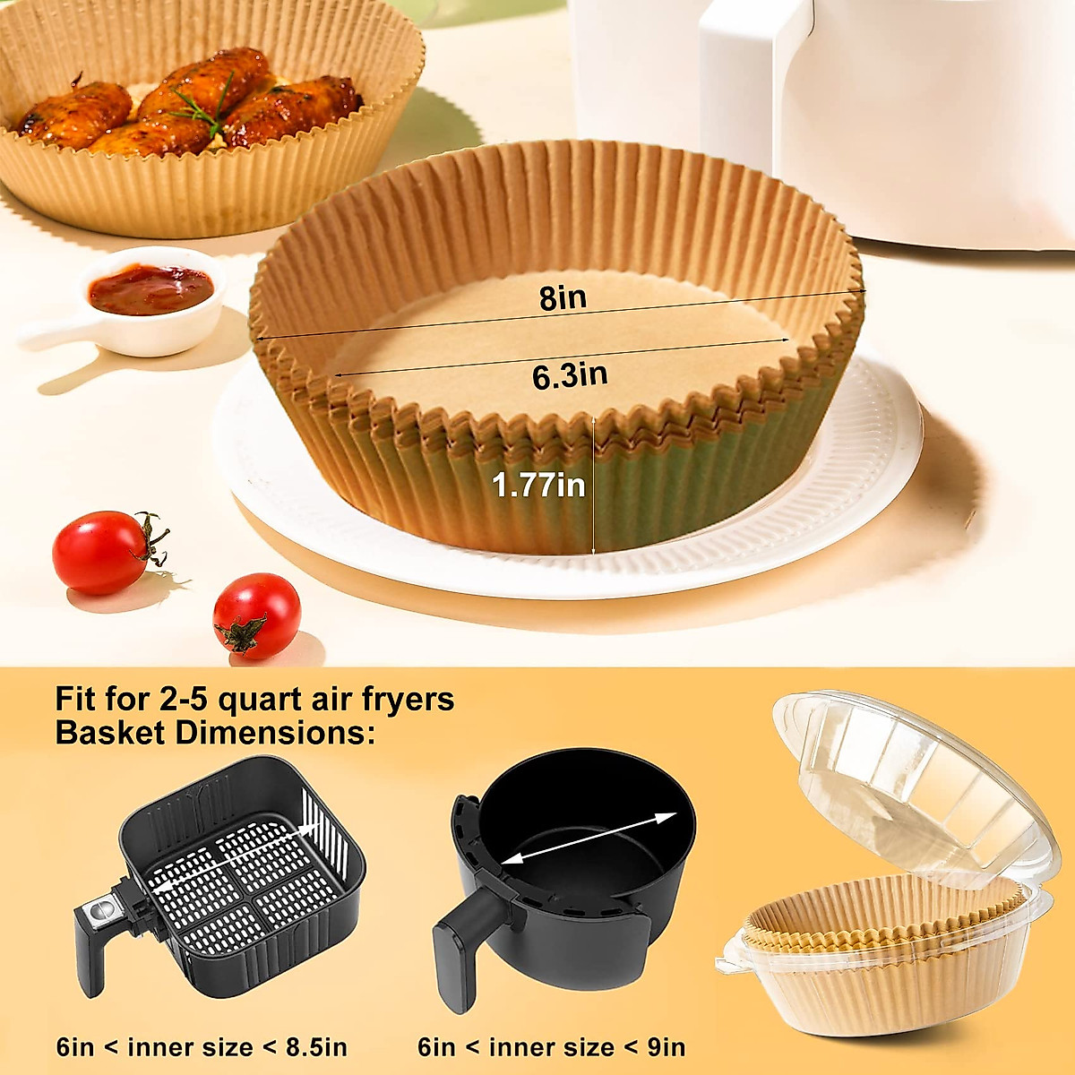 Air Fryer Disposable Paper Liner - 130PCS 6.3" Round Parchment Paper Fryer Liners Non-Stick Food Grade Baking Paper for 2-5 QT Air Fryer Baking Microwave (6.3 In-130pcs)